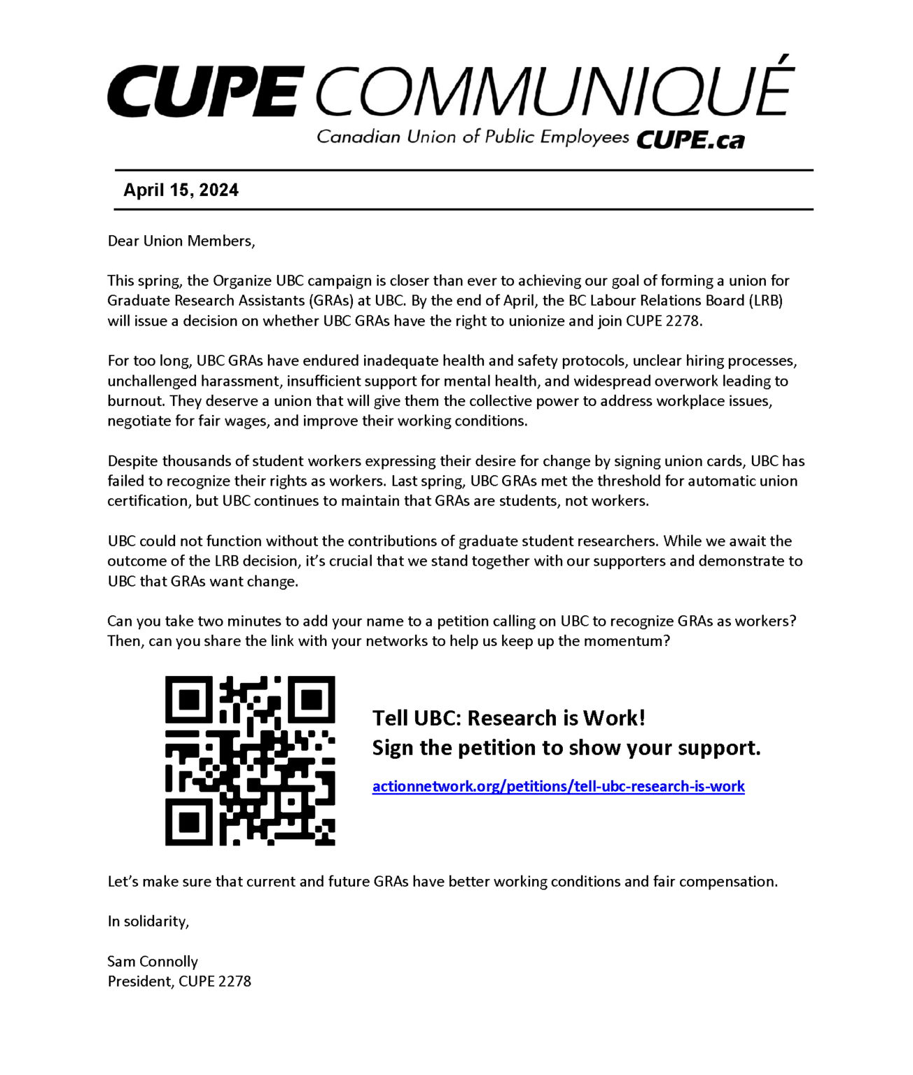 Support Local 2278 - "UBC: Research Is Work" Petition - CUPE 3338